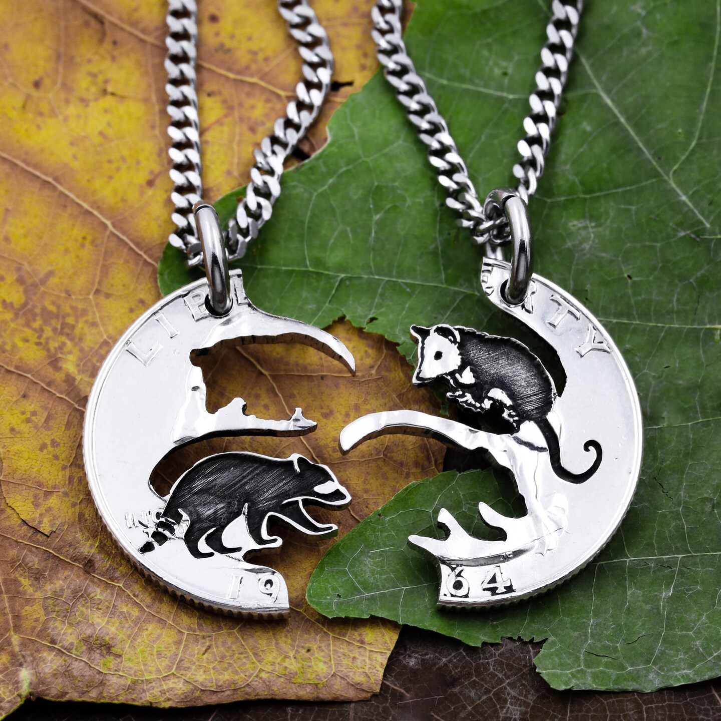 Raccoon and Possum Necklaces, Best Friend or Couples Jewelry, Interlocking Set, Rodents, Hand ...