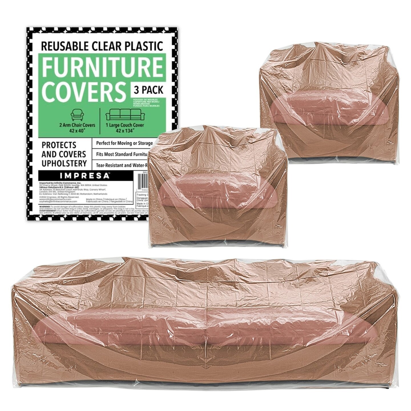 Impresa 3 Pack Furniture Covers, Includes 1 Clear Plastic Couch Cover ...