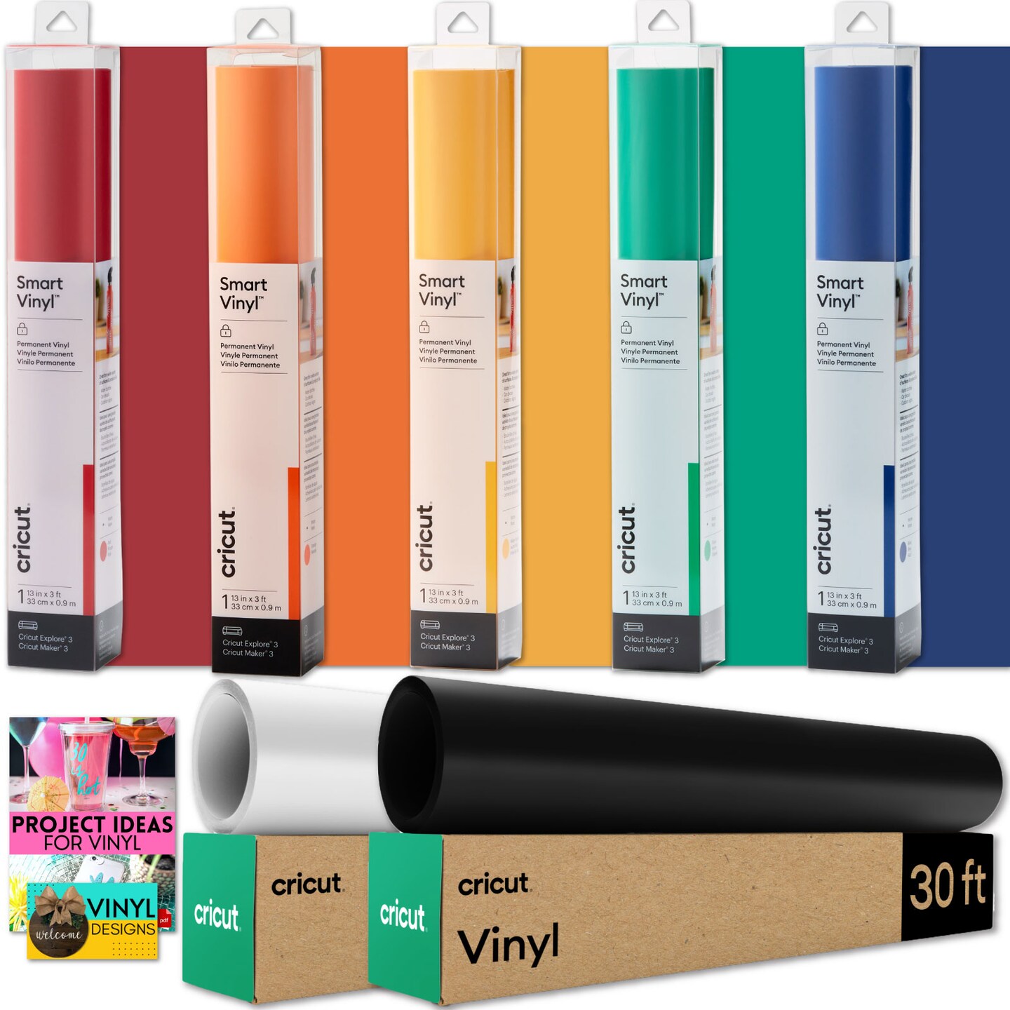 Cricut Smart Vinyl Rolls - 3ft Rainbow Vinyl and 30ft Black and White ...