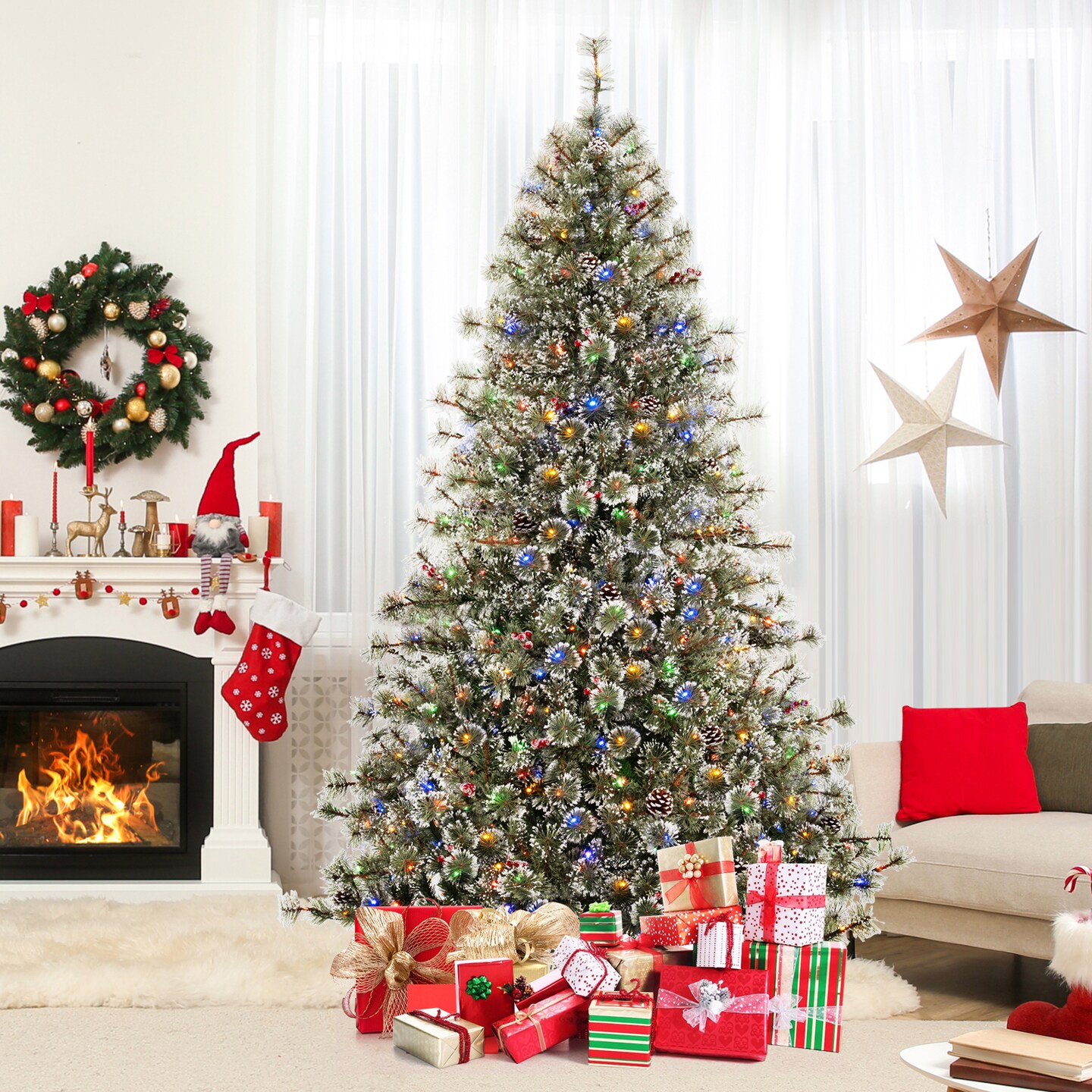 Artificial Christmas Tree Pre-Lit Hinged Holiday Tree with 360° Quick ...