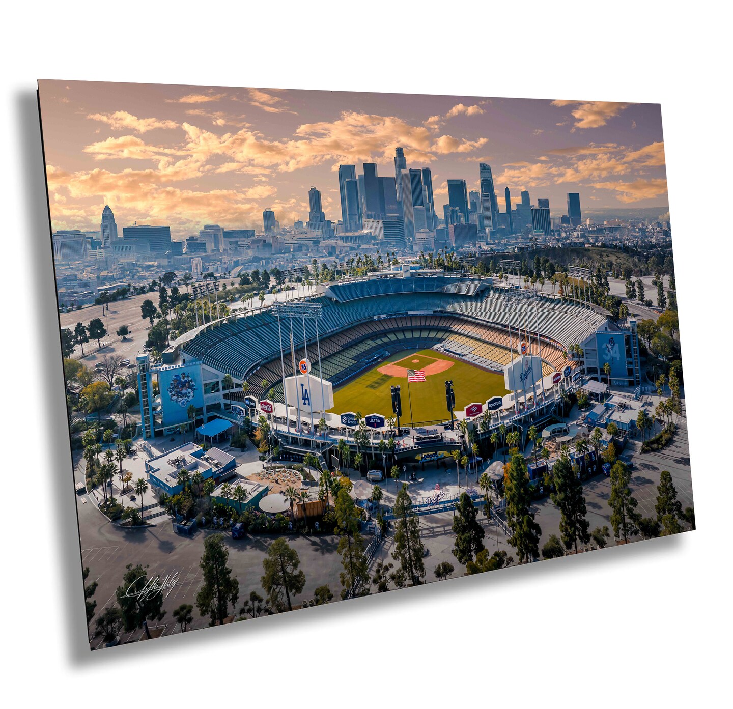 Los Angeles, LA Dodgers Stadium with LA Skyline at Sunrise or Sunset ...