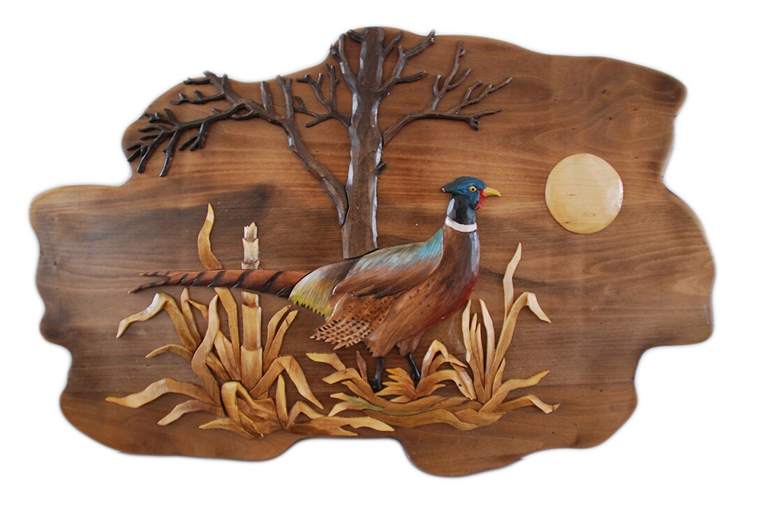 Pheasant Hand Crafted Intarsia Wood Art Wall Hanging 26 X 18 X 2.5 ...