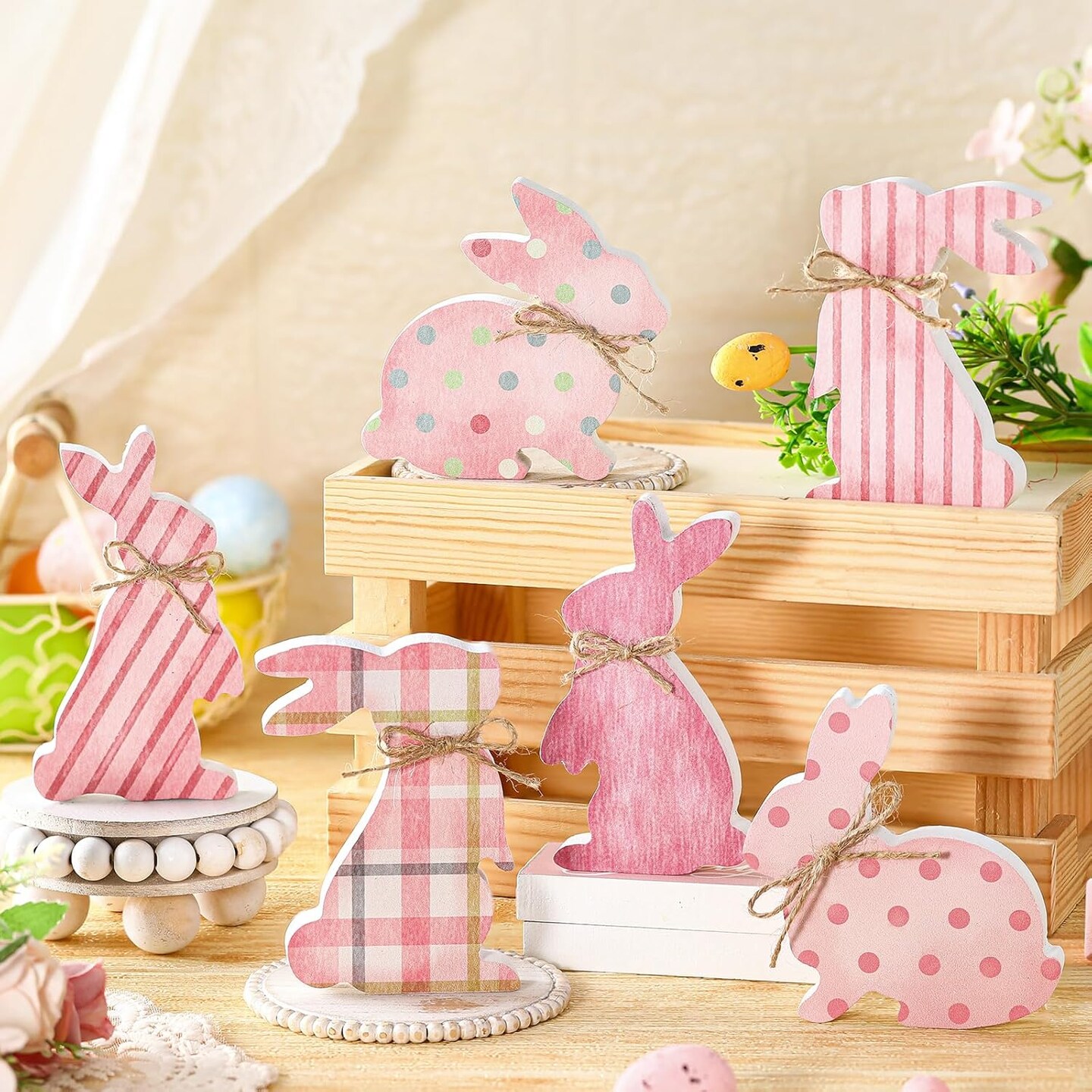 6 Pcs Easter Bunny Wooden Signs Wooden Rabbit Table Decor Pink Bunny ...