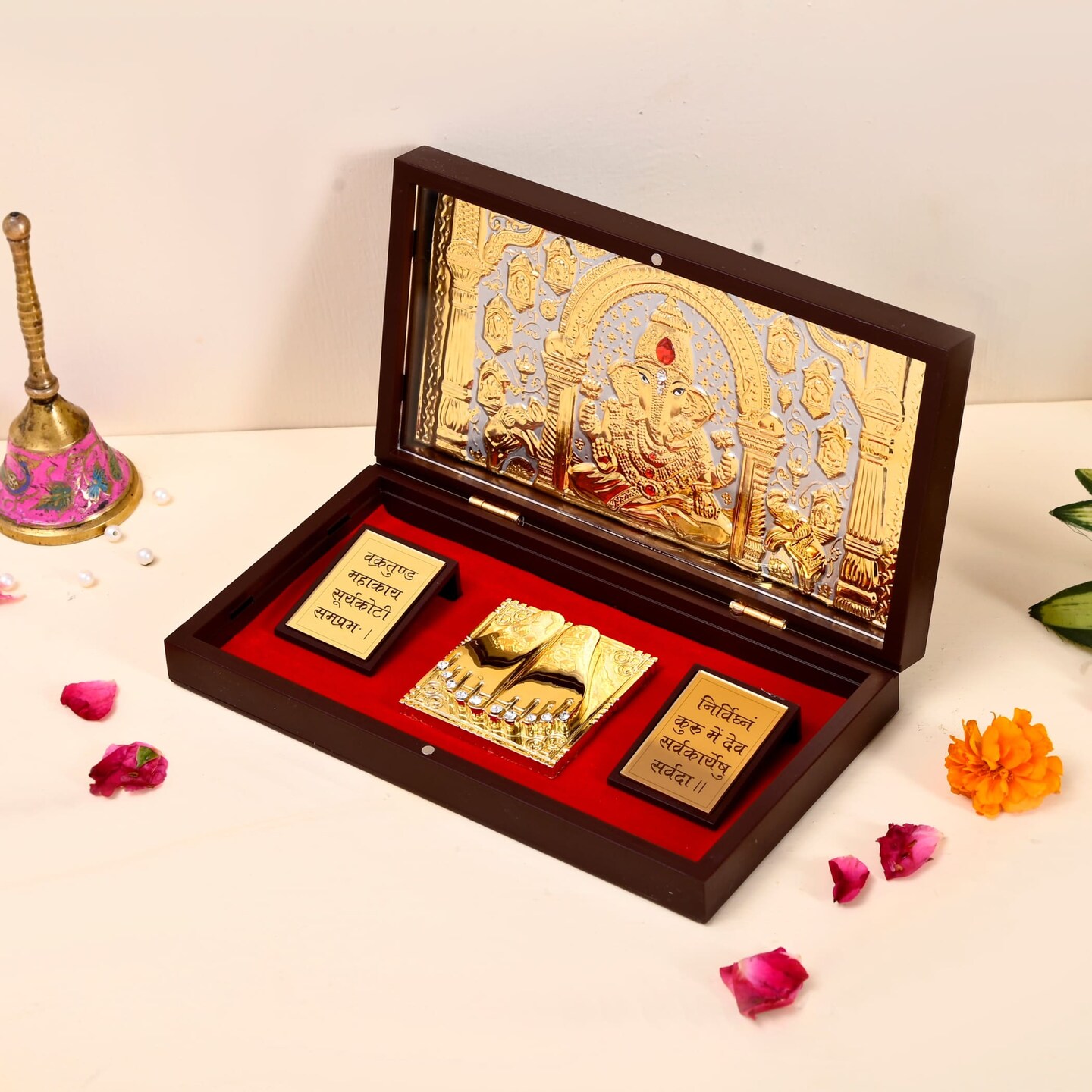 Large Gold Plated Ganesha Photo Frame with Charan Paduka & Mantra for ...