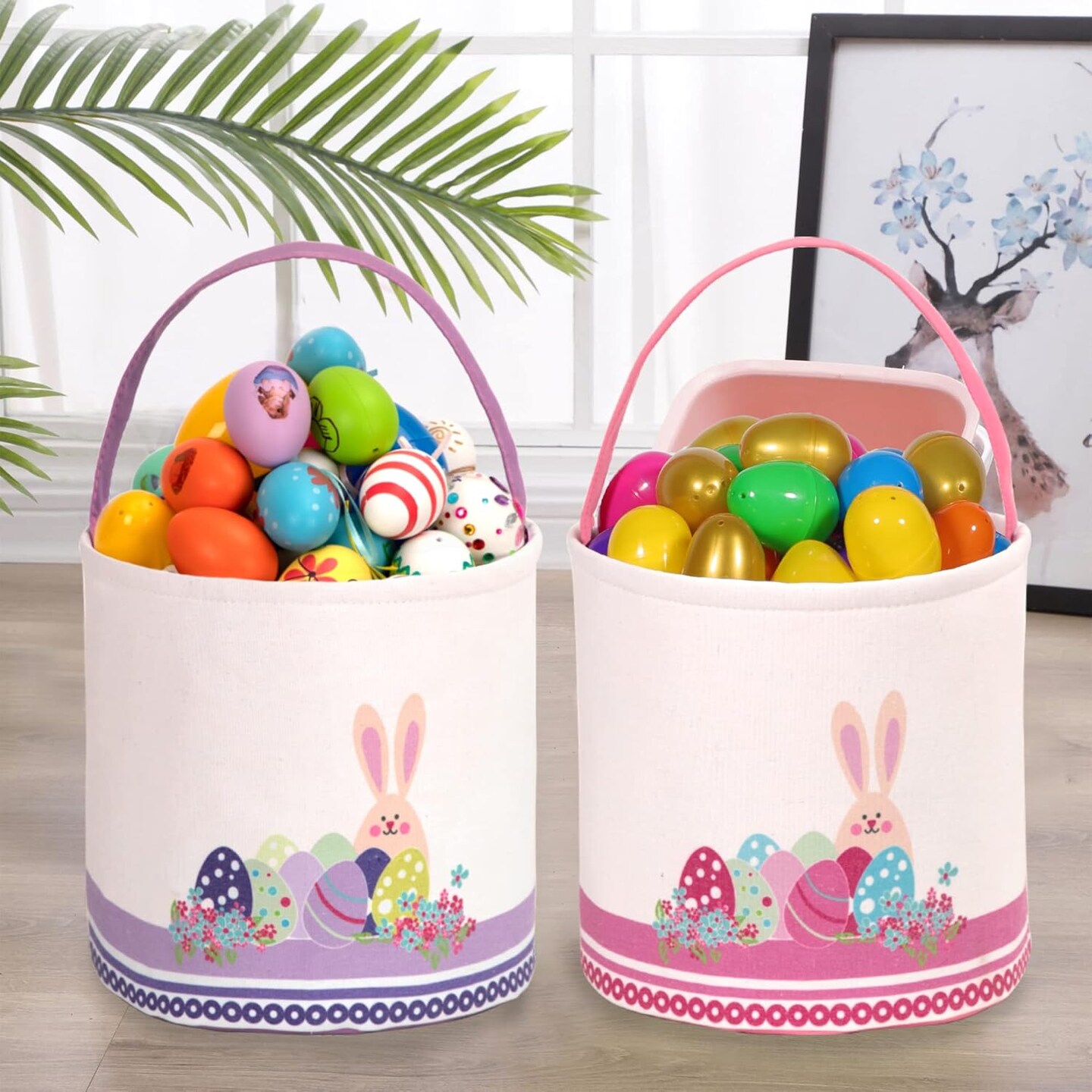 Easter Bunny Basket Egg Buckets, Purple Cute Personalized Canvas Cotton ...