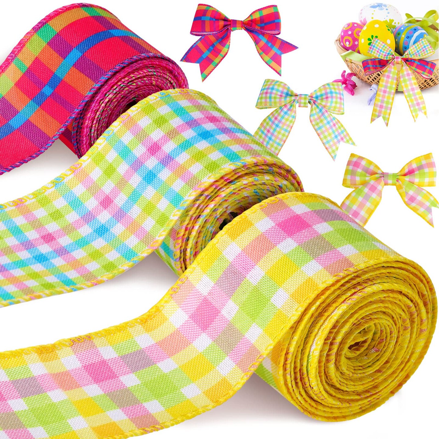 15 Yards Easter Plaid Ribbon 3 Roll 2 Inch Pastel Wired Ribbon Spring ...