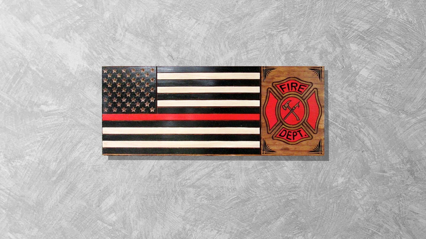 Red Line Firefighter's Flag Sign with Maltese Cross, Custom Carved Wood ...