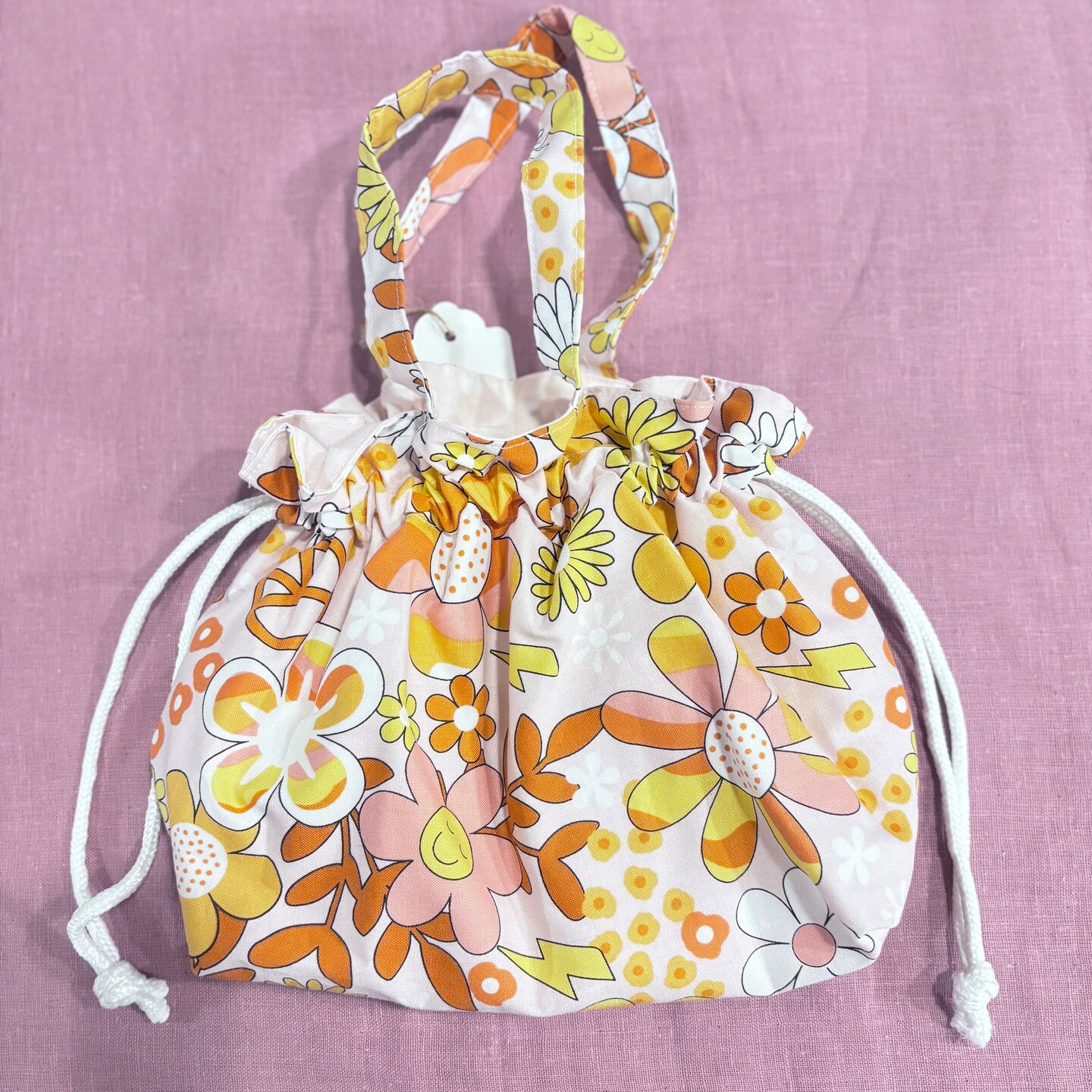 Drawstring bag, Japanese style kinchaku lunch bag, Retro flower design ...