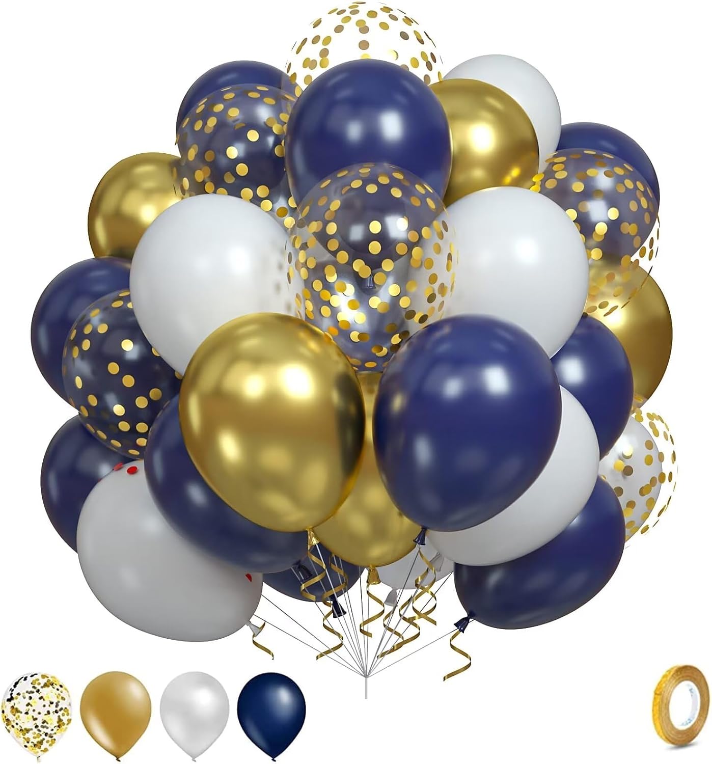 Navy Blue and Gold Balloons, 60pcs 12 Inch Navy Blue Pearl White Balloon Set with Metallic ...