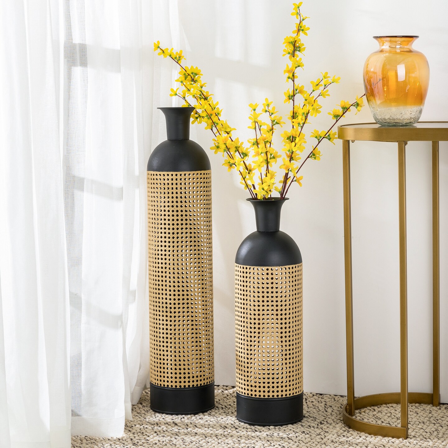 Set of 2 Modern Gold/Black Two-tone High Table Floor Metal Art Vases ...