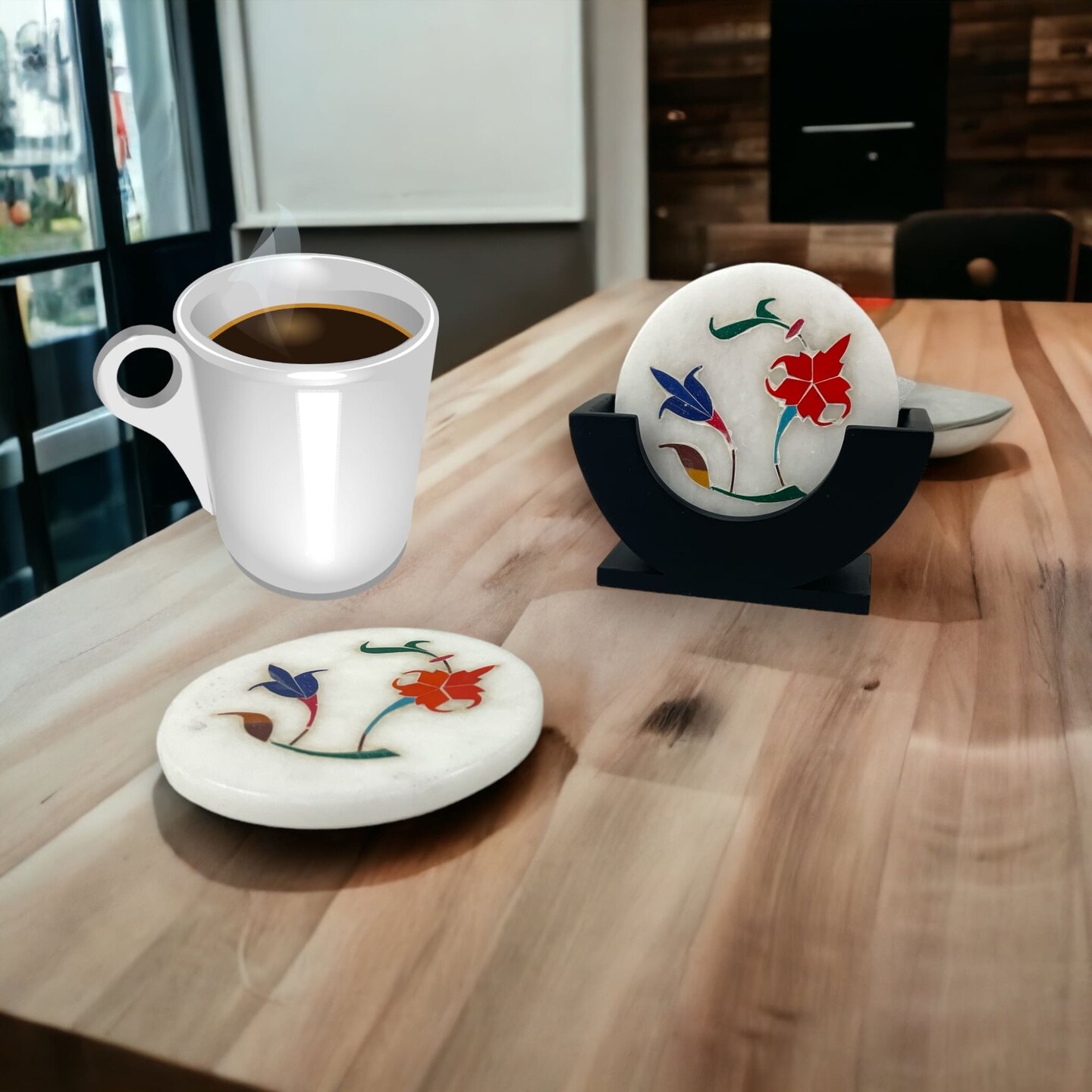 Set of 4 Inlay Marble Tea Coasters with 1 Holder Coffee Coaster Set ...