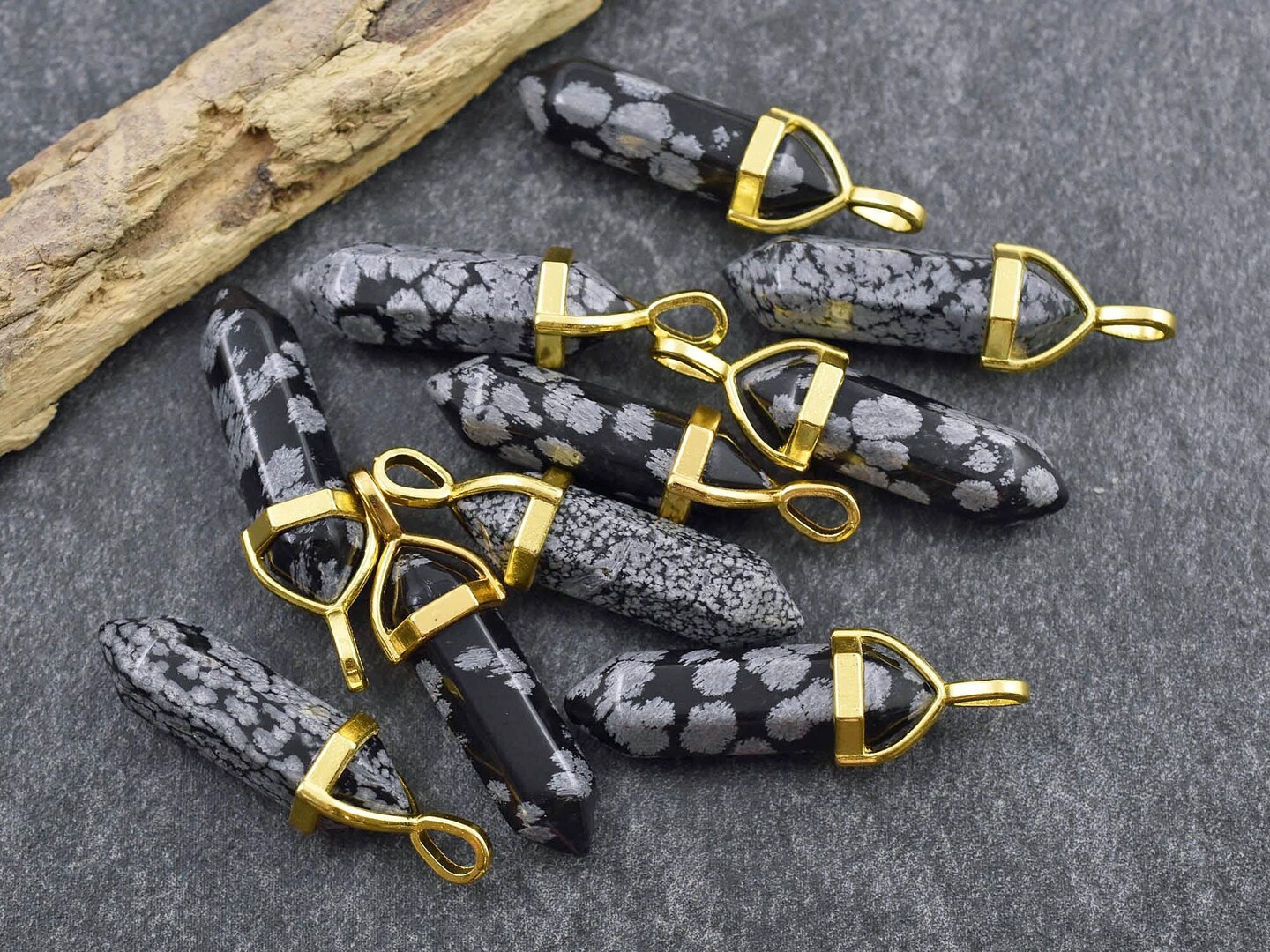 40mm Gold Tone Natural Snowflake Obsidian Double Terminated Bullet ...