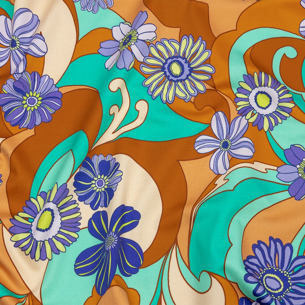 1 Yard Stretch Cotton Sateen Burnt Orange Swirls and Florals Float Away ...