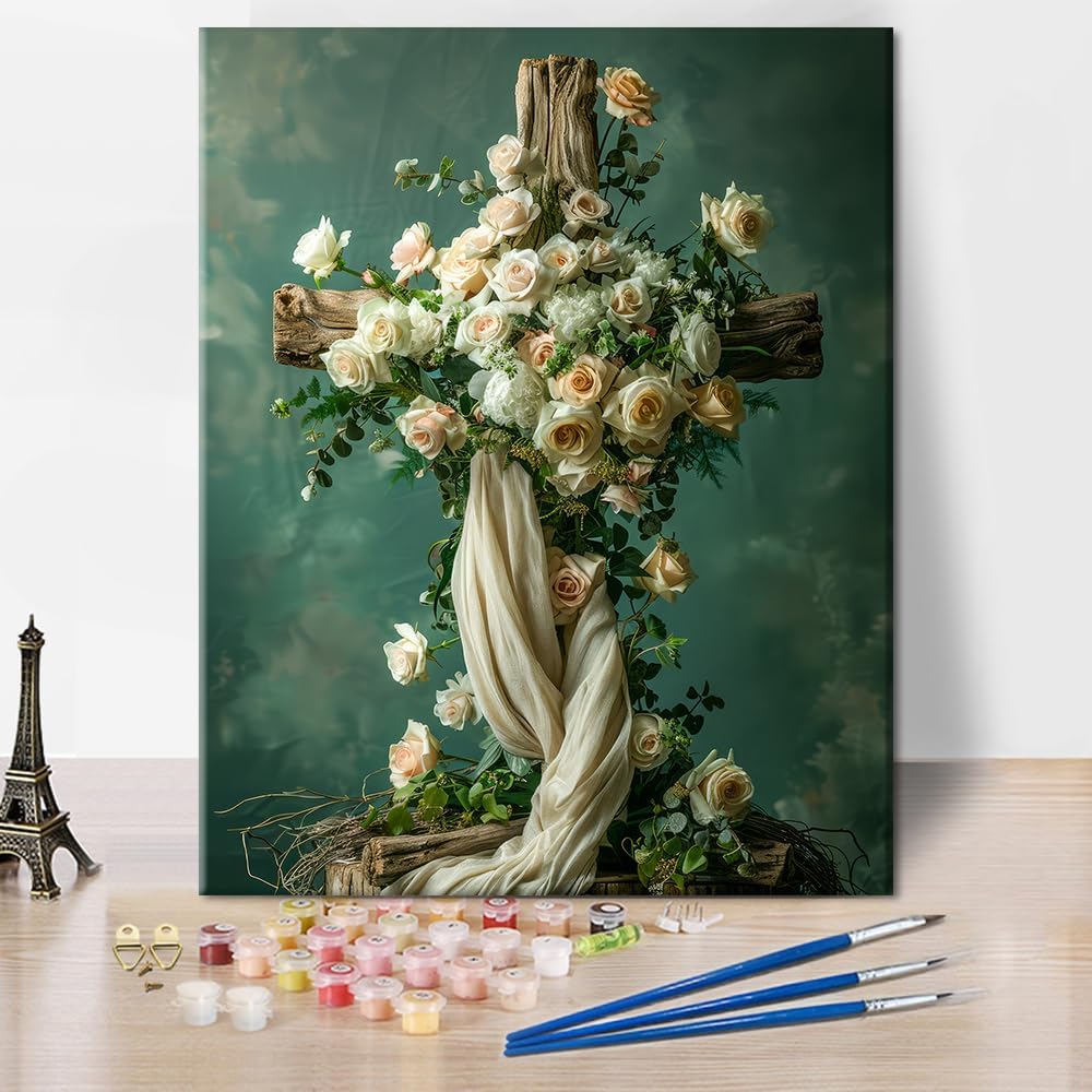 Cross Paint by Numbers Kit – Elegant Floral Cross with White Roses DIY ...