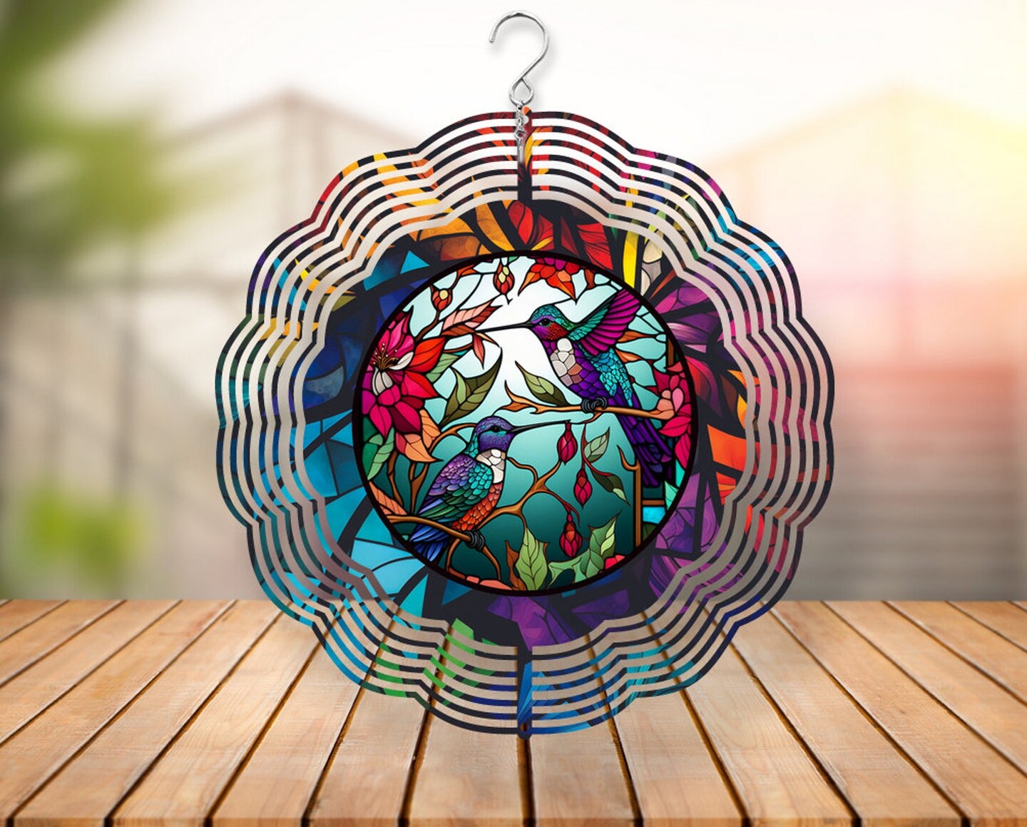 Pretty Stained Glass Look Hummingbird Wind Spinner, 3 Size Choices ...