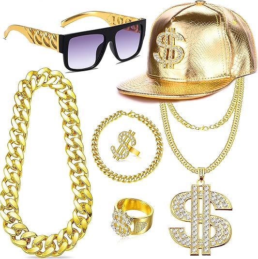 80s 90s Hip Hop Costumes Outfit Kit Fake Gold Chain Necklace Dollar ...