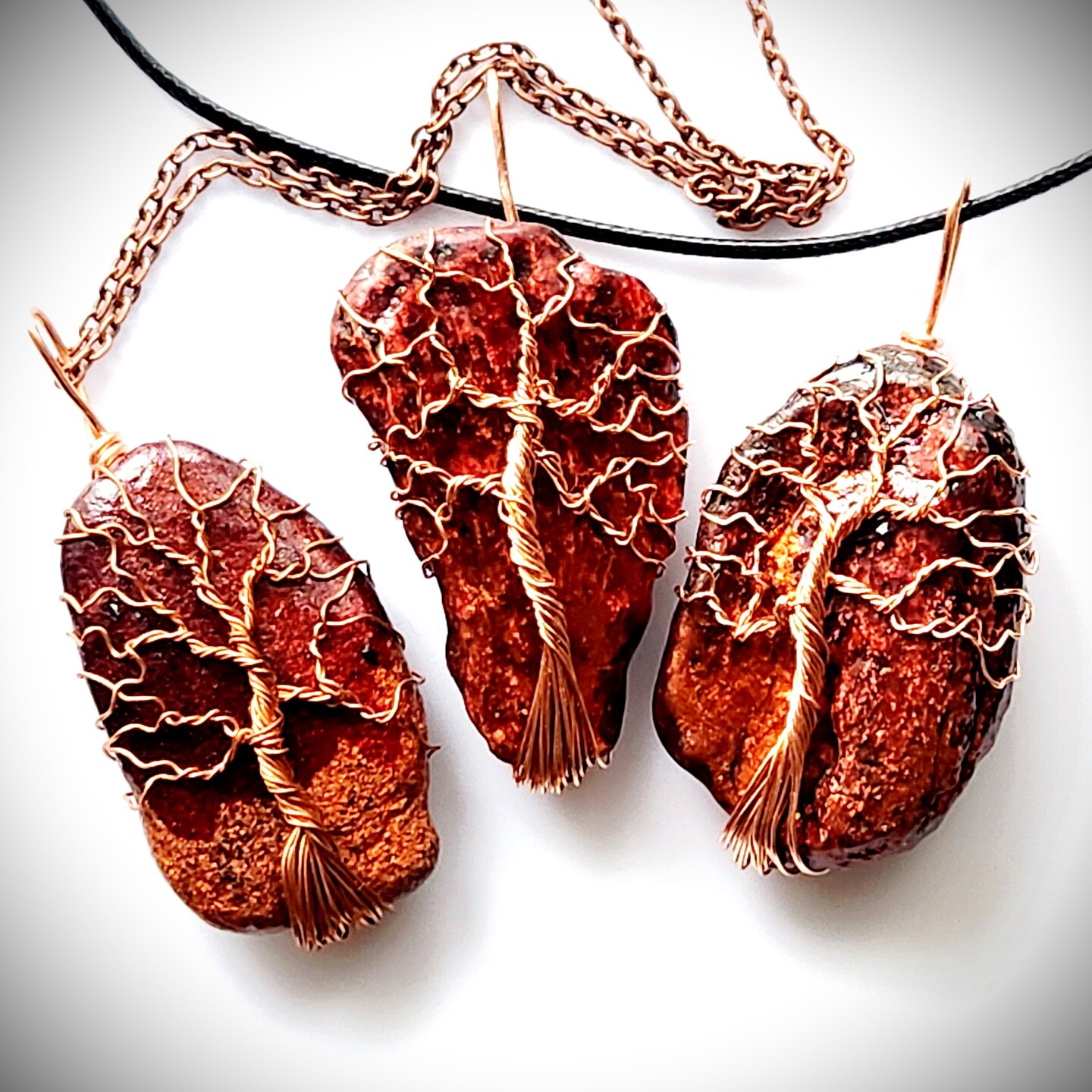 Ruby red Tree of Life stone pendants, copper wire wrap with copper mica ...