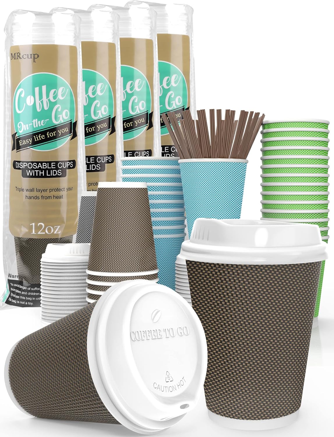 12 oz Hot Beverage Coffee Cups with Lids and Straws, Insulated Triple ...