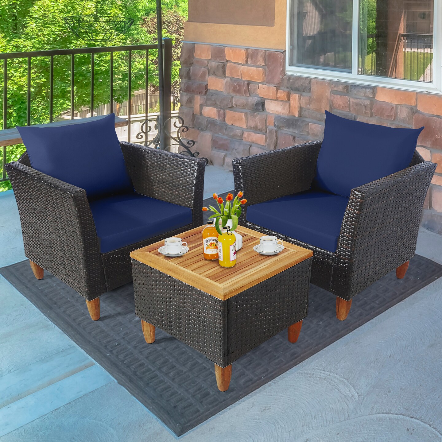 Outdoor Rattan Bistro Set 3 Piece with Acacia Wood Table and Cushions ...