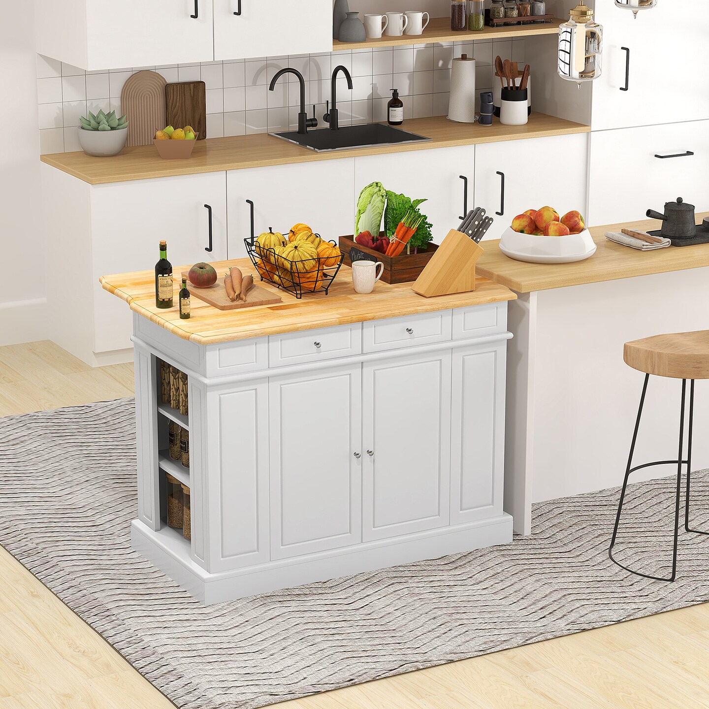 Adjustable Kitchen Island with Storage Cabinet and Solid Wood Top ...