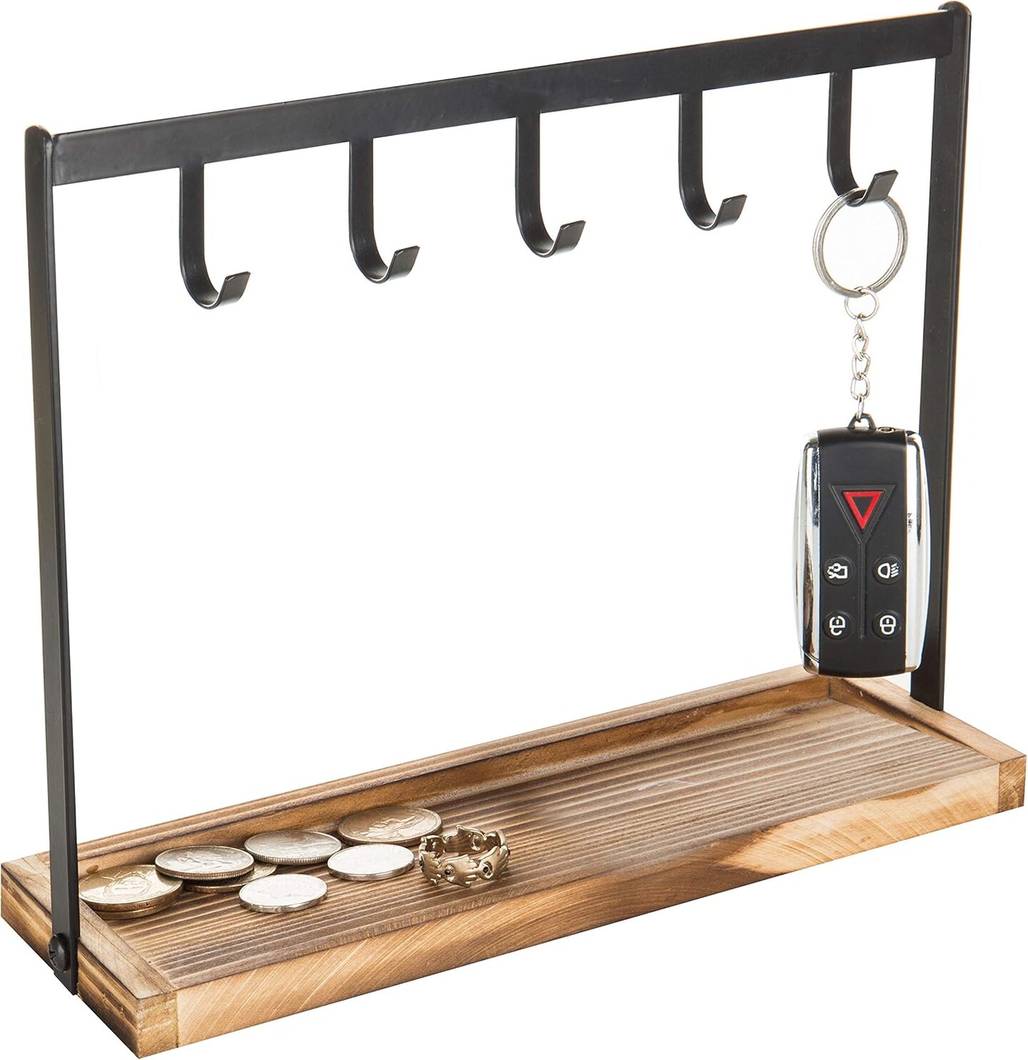 Black Metal Entryway Key Holder with 5 Hooks and Burnt Wood Base ...