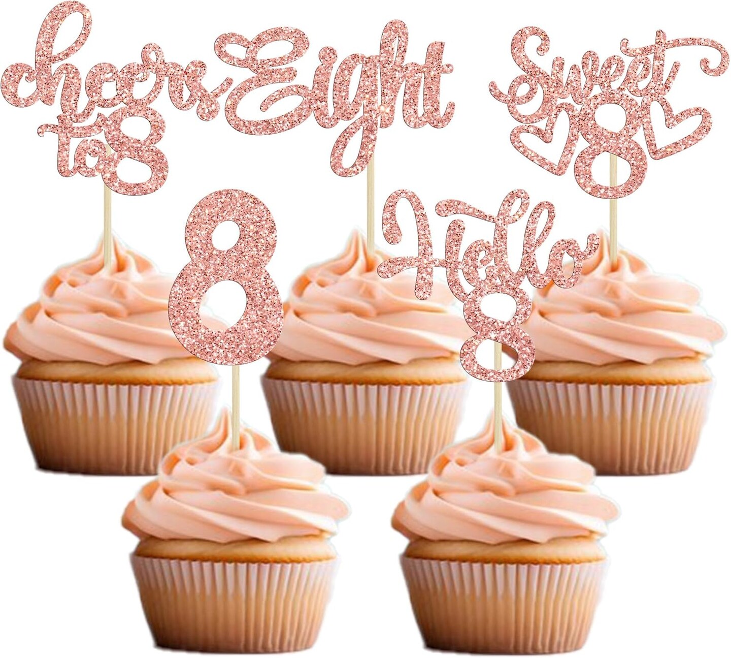 30Pcs 8th Birthday Cupcake Toppers Glitter Eight Hello 8 Cupcake Picks ...