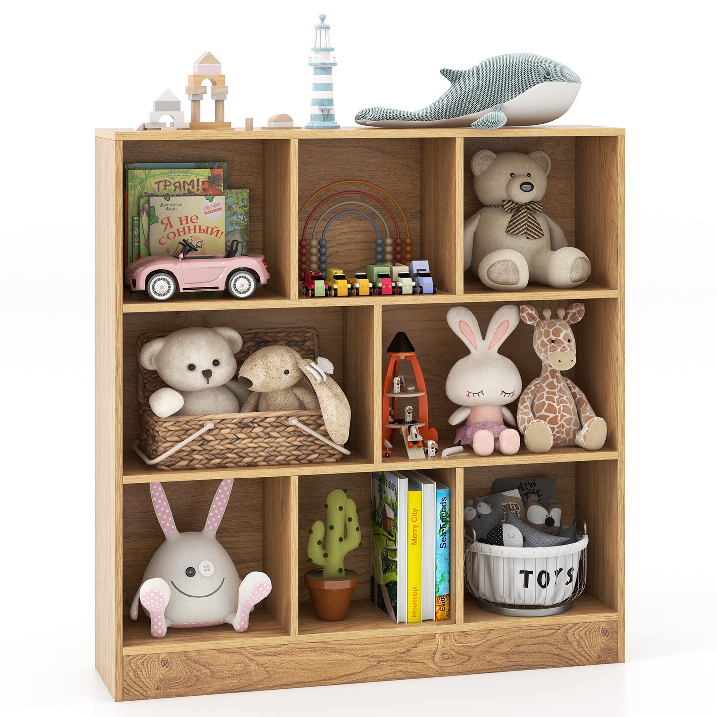 41 Inches Freestanding Natural Wood Toy Storage Organizer with 8 Cubes ...