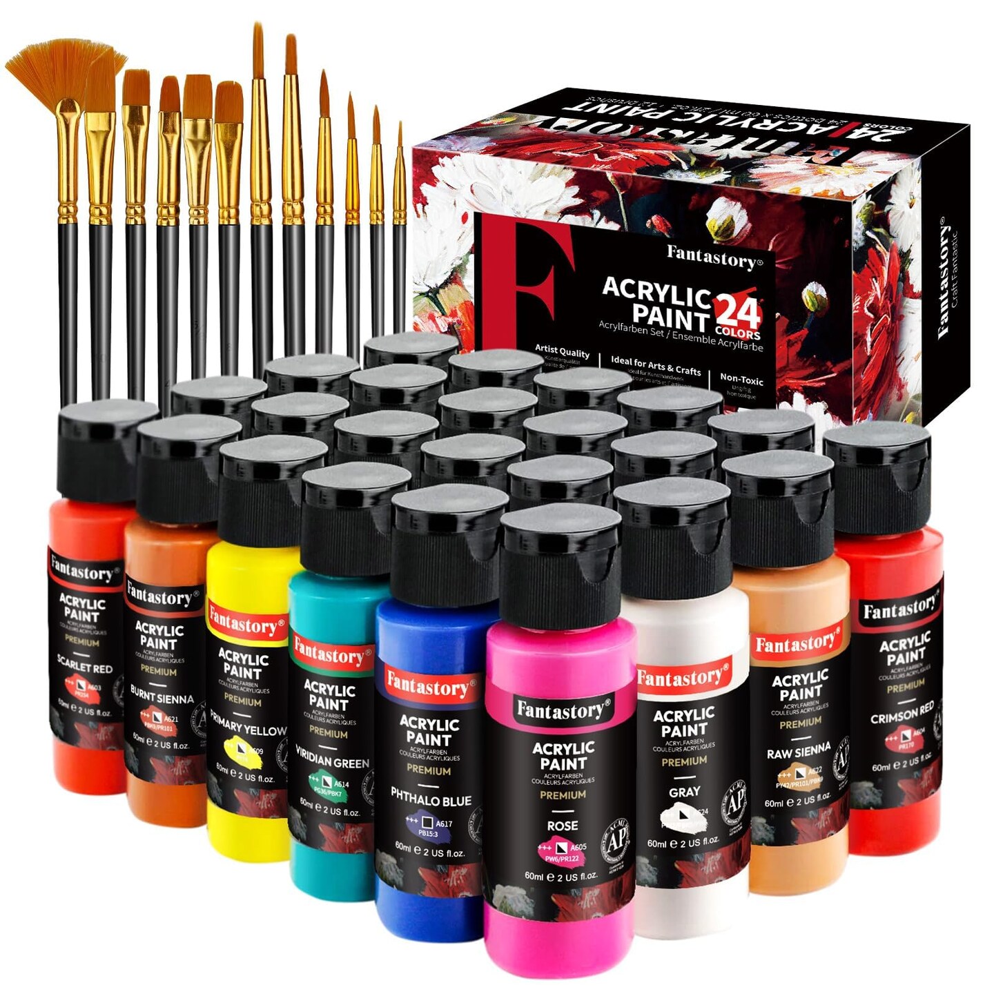 Acrylic Paint Set 24 Classic Colors(2oz /60ml) with 12 Brushes ...