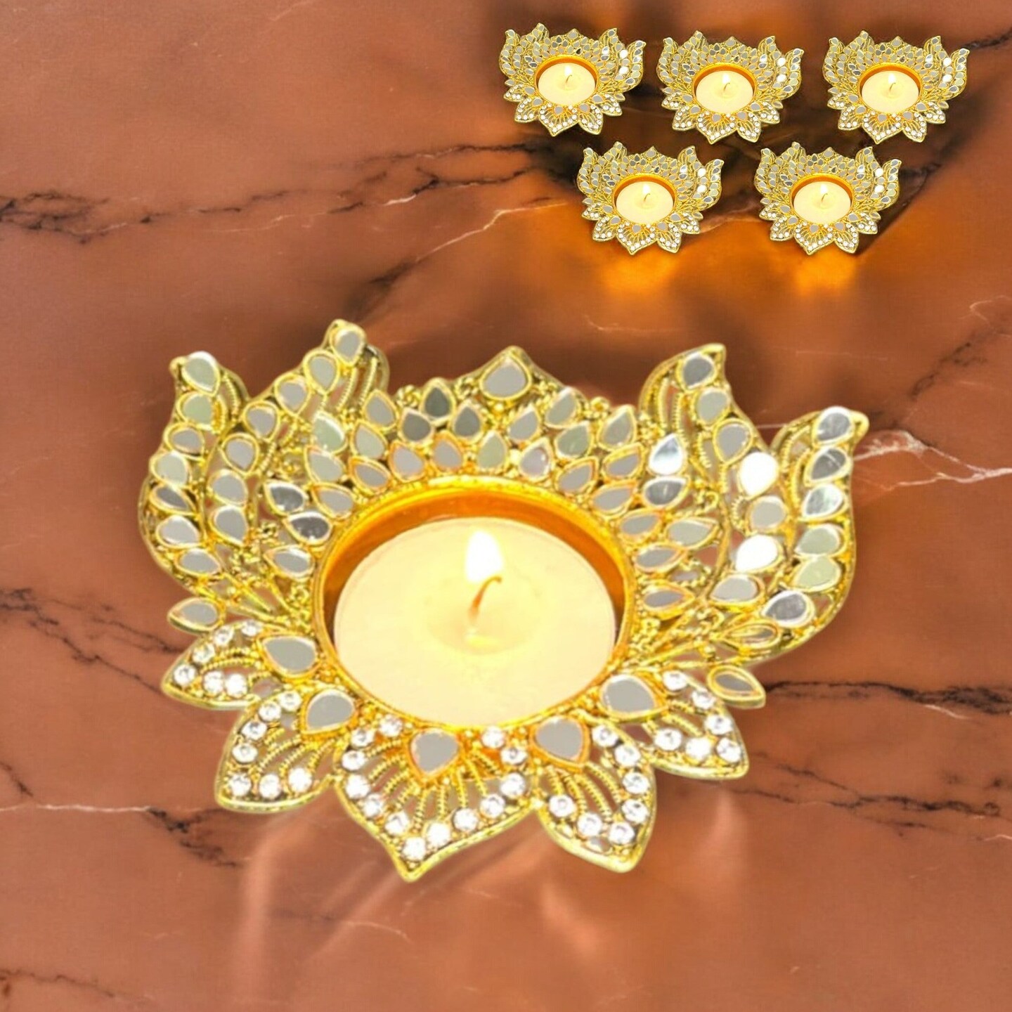 Metal Lotus Candle Holder – Decorative T-Light Holder with Glass ...