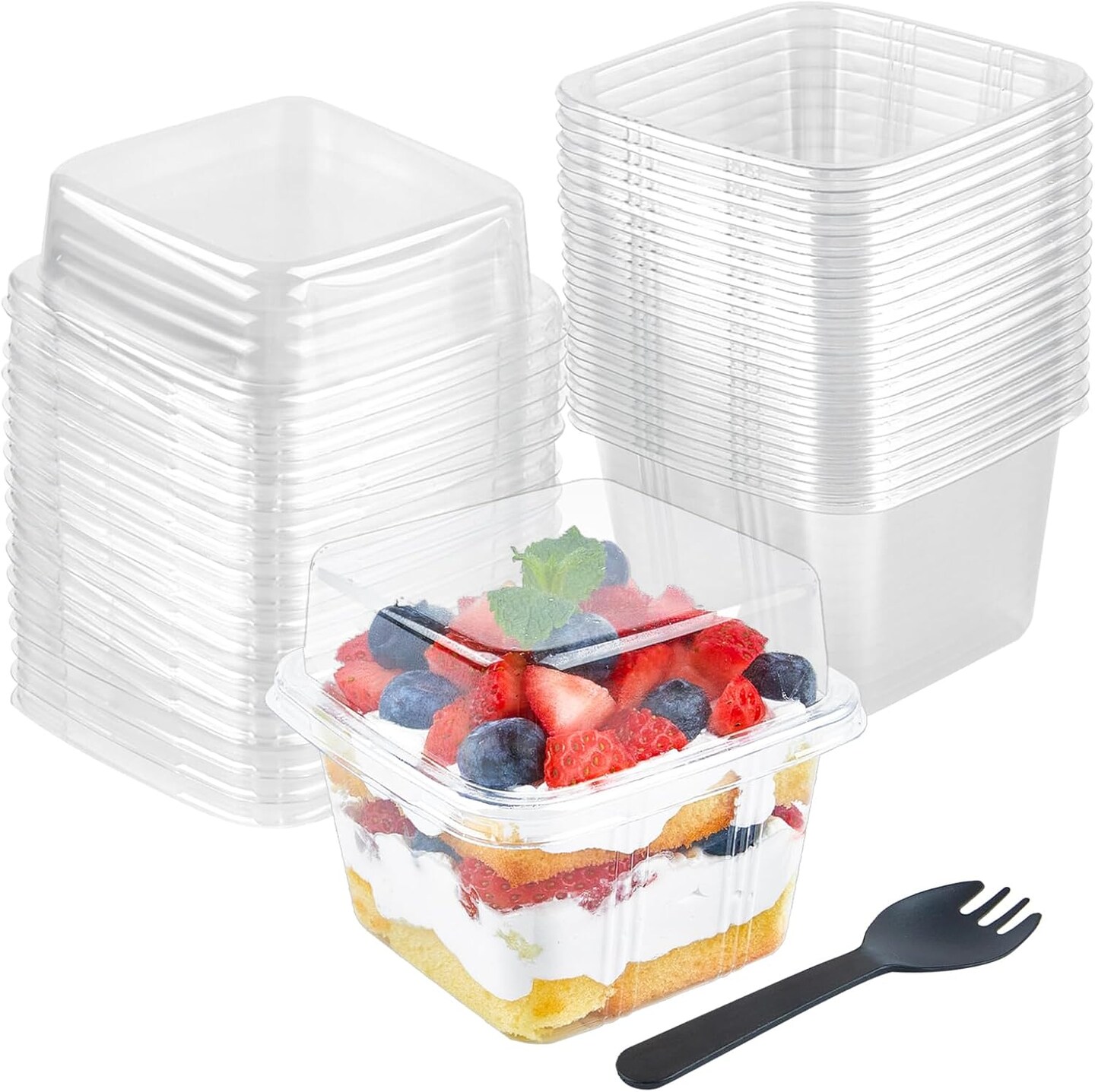 50 Pack 8 oz Square Plastic Dessert Cups with Lids and Sporks ...