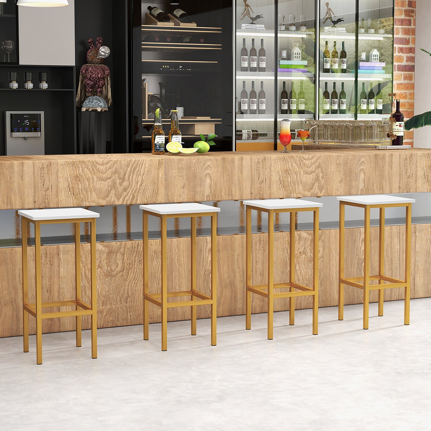 Set of 4 Modern White Engineered Wooden Seat Industrial Bar Stools with ...