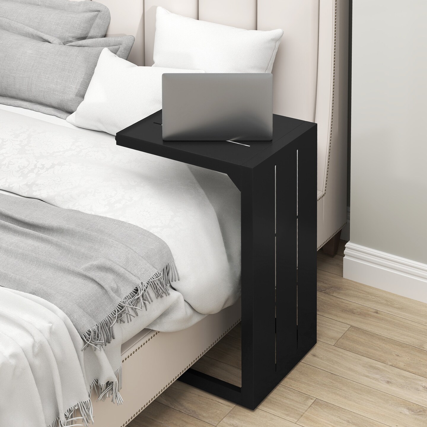 Modern Black Convertible Compact C-Shaped Side Table with Metal Frame ...