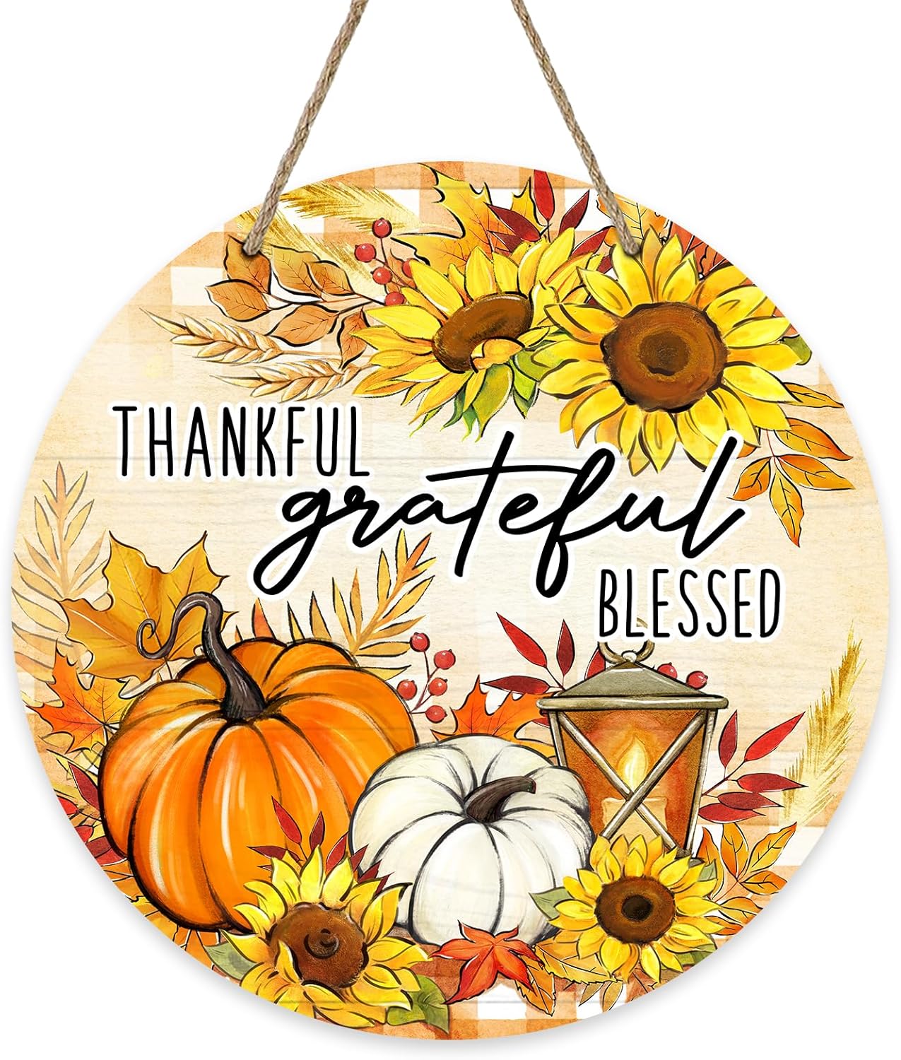 Pumpkin Sunflower Front Door Sign, Thankful Grateful Blessed Fall Wood ...