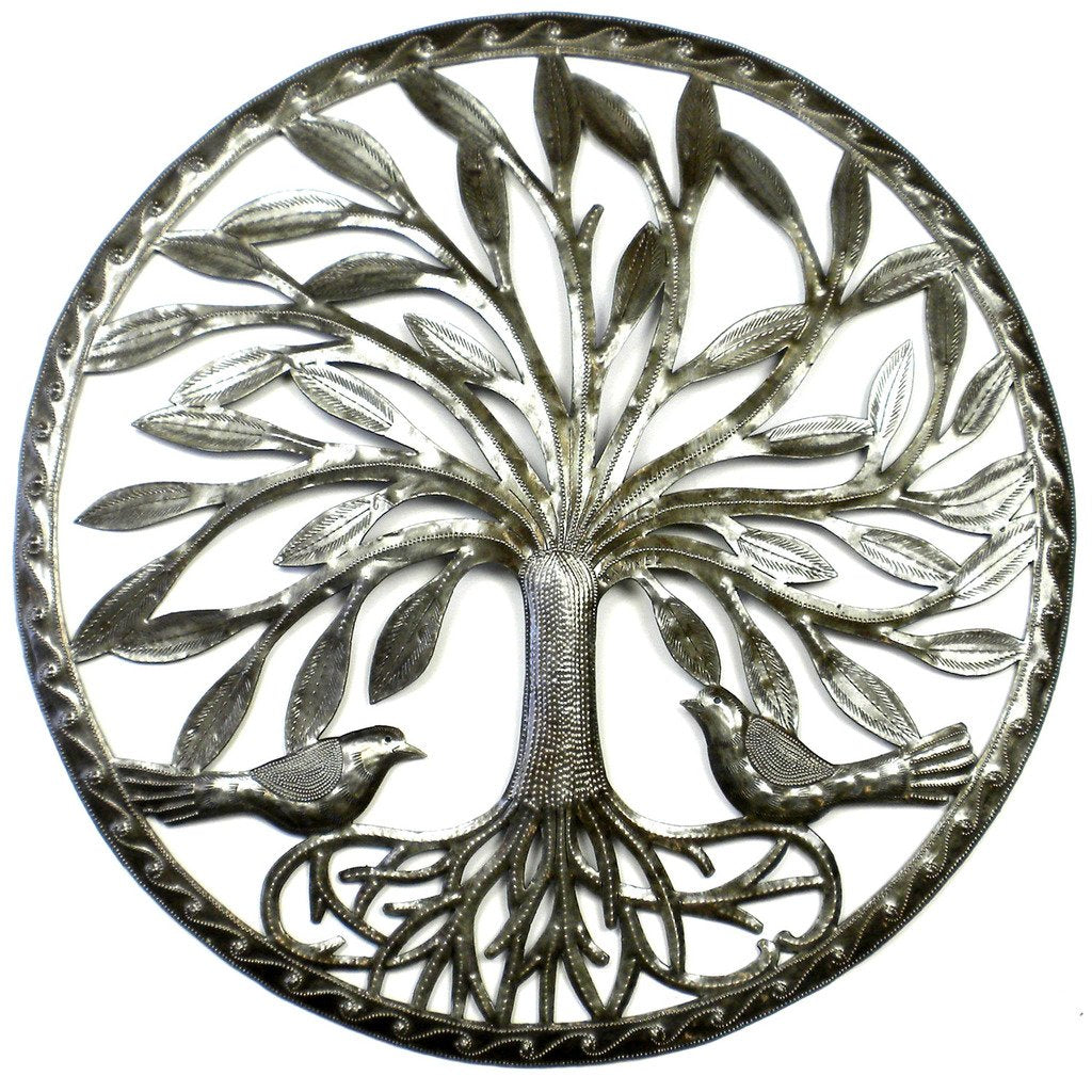 Silver Upcycled Steel Lacquered Two Birds Tree of Life Wall Art | Michaels