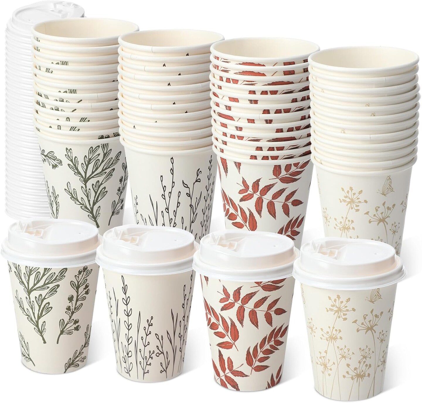 48 Pack Plant Coffee Cups with Lids 12 oz Disposable Paper Tea Cups ...