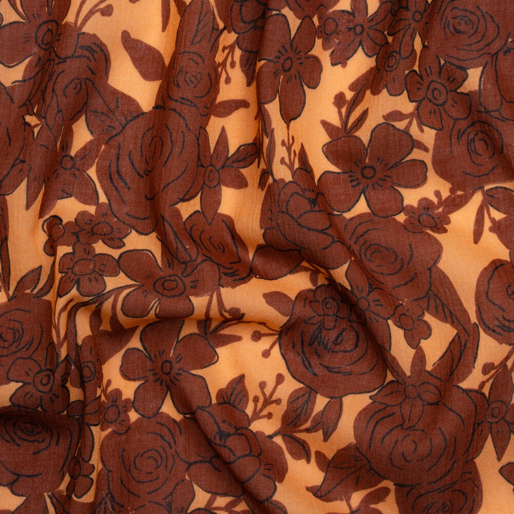 1 Yard Rust and Pale Orange Crinkled Cotton Gauzy Woven Floral Fabric ...