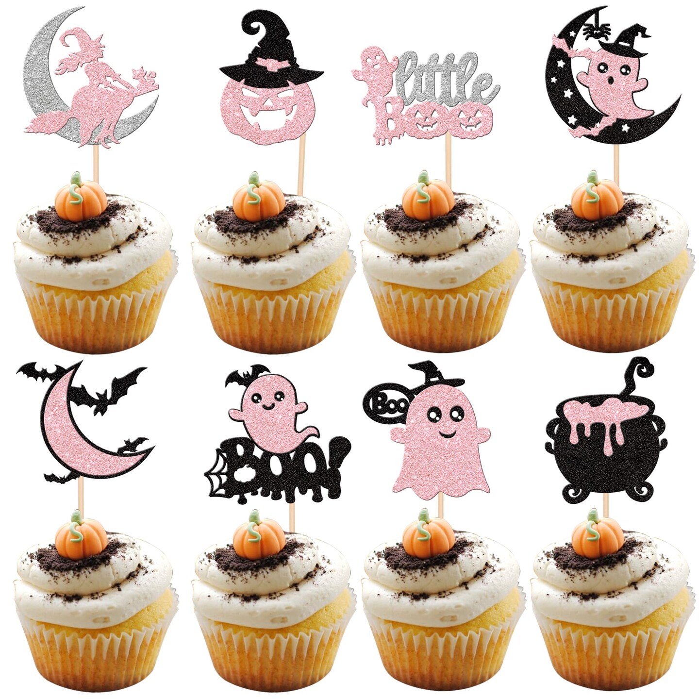 24 PCS Halloween Cupcake Toppers Pink Glitter Little Boo Bat Cupcake ...