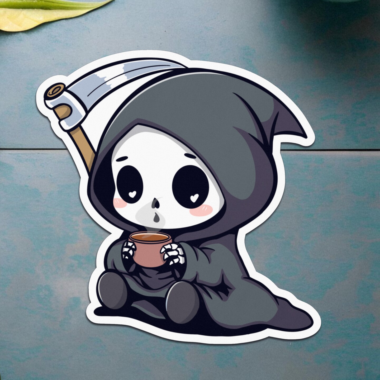 Cute Grim Reaper with Tea Sticker | Kawaii Reaper Sticker | Cozy Reaper ...