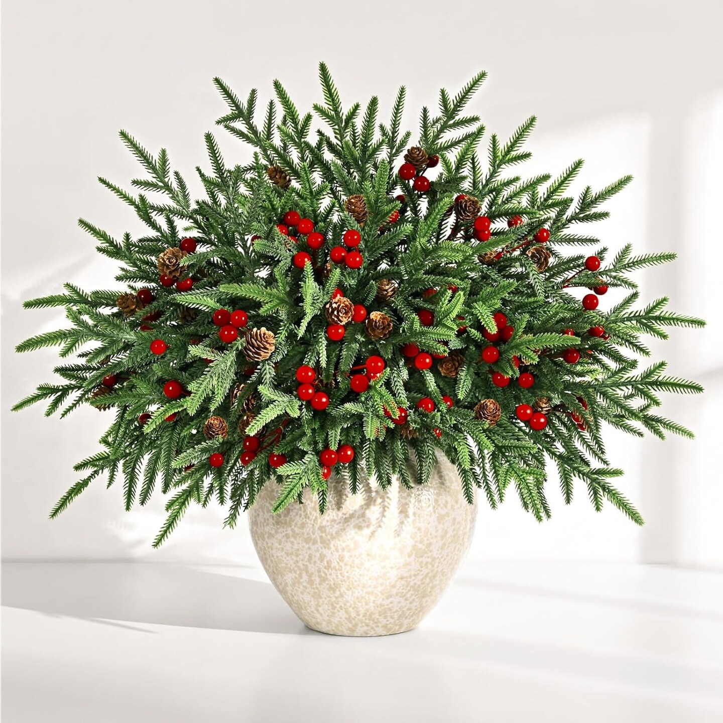 Real Touch Norfolk Pine Stems with Pine Cones (Green & Red) 2"D x 13"W ...