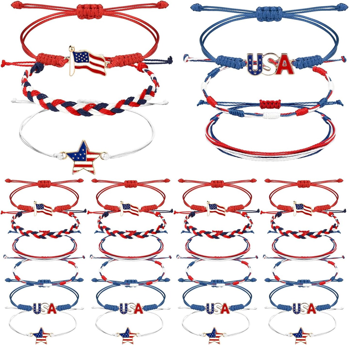24 Pcs 4th of July Bracelets Red White and Blue USA Star American Flag ...