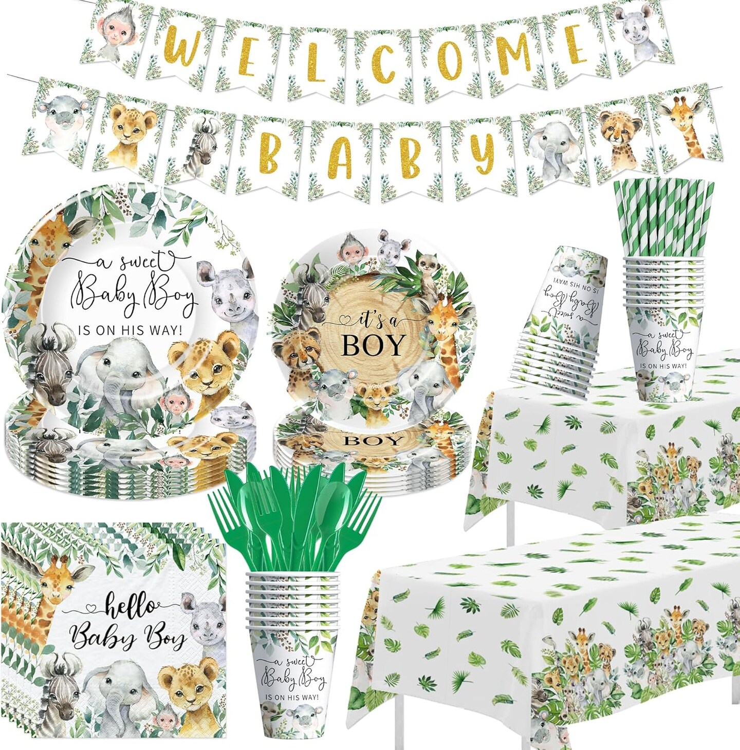195 Pcs Jungle Safari Baby Shower Decorations – Tableware & Party ...