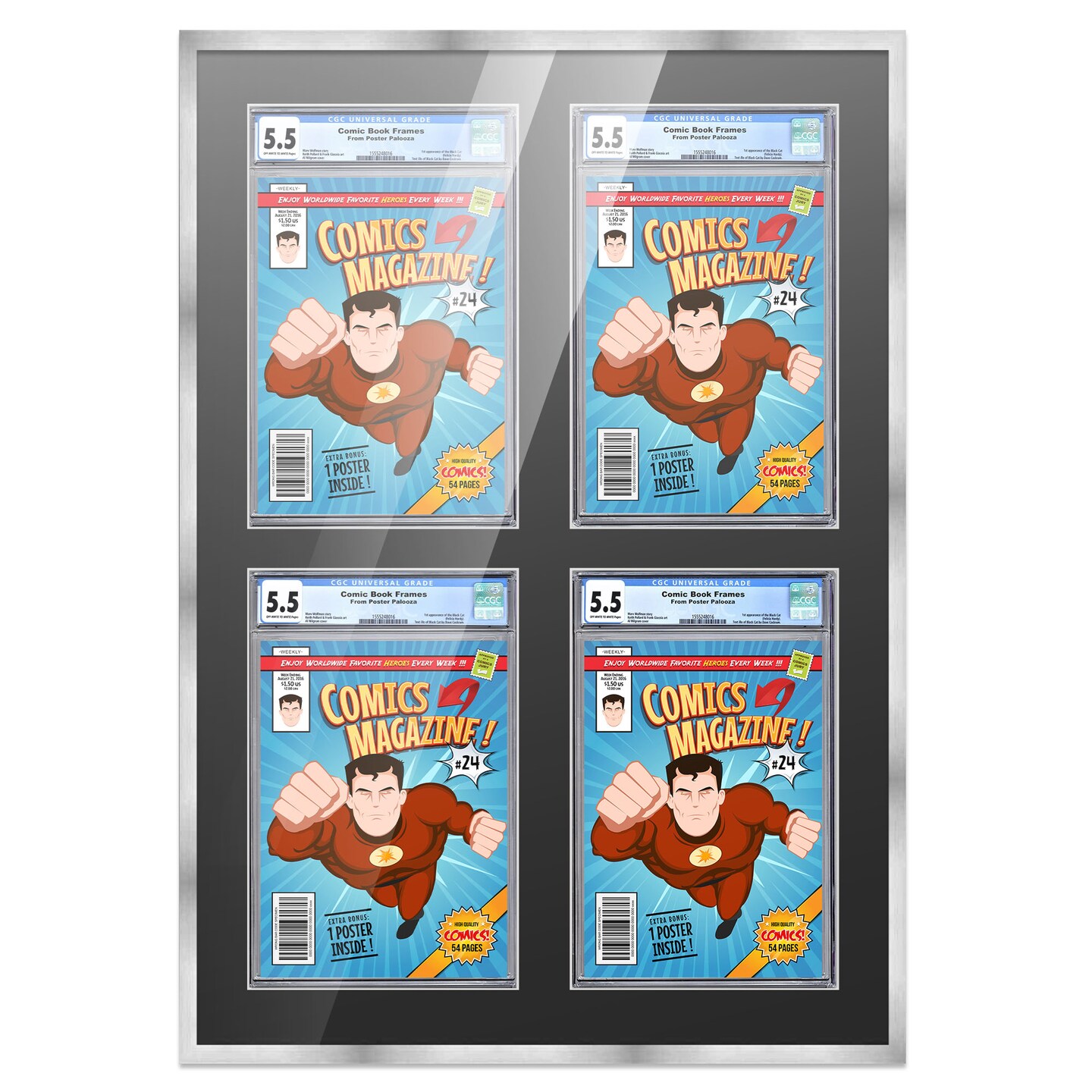 Comic Book Frame with Mat for 4 Graded Comics - Silver Wood Comic Frame ...