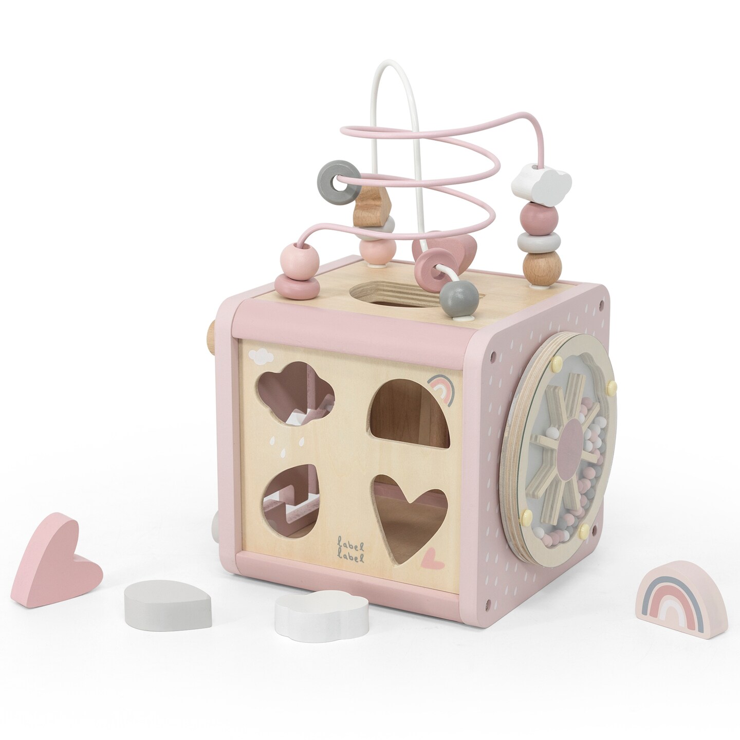 Label Label: 5-in-1 Activity Cube - Pink - Wooden Toy, Shape Sorter ...