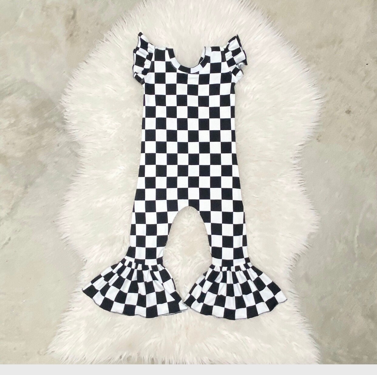 Black white checkered baby girl belle romper matching headband set, two ...