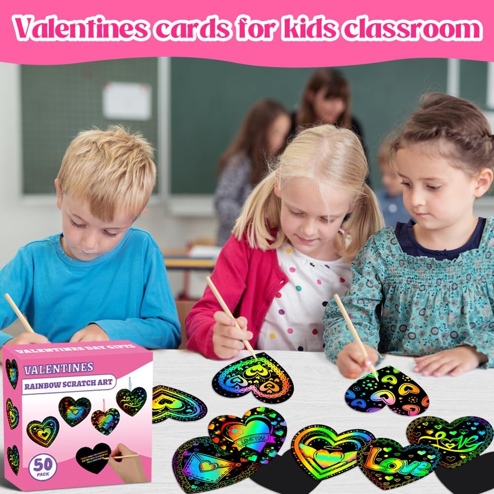 50 Pack Valentines Day Gifts for Kids, Rainbow Scratch Heart Crads ...