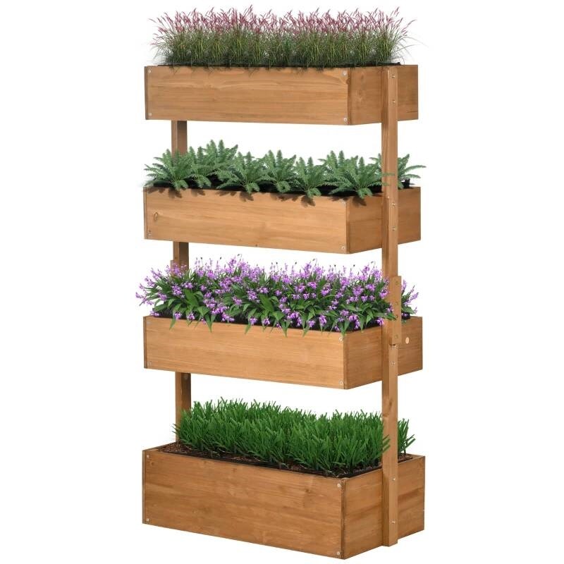 Fir Wood 4-Tier Vertical Planter Box with Drainage for Outdoor ...