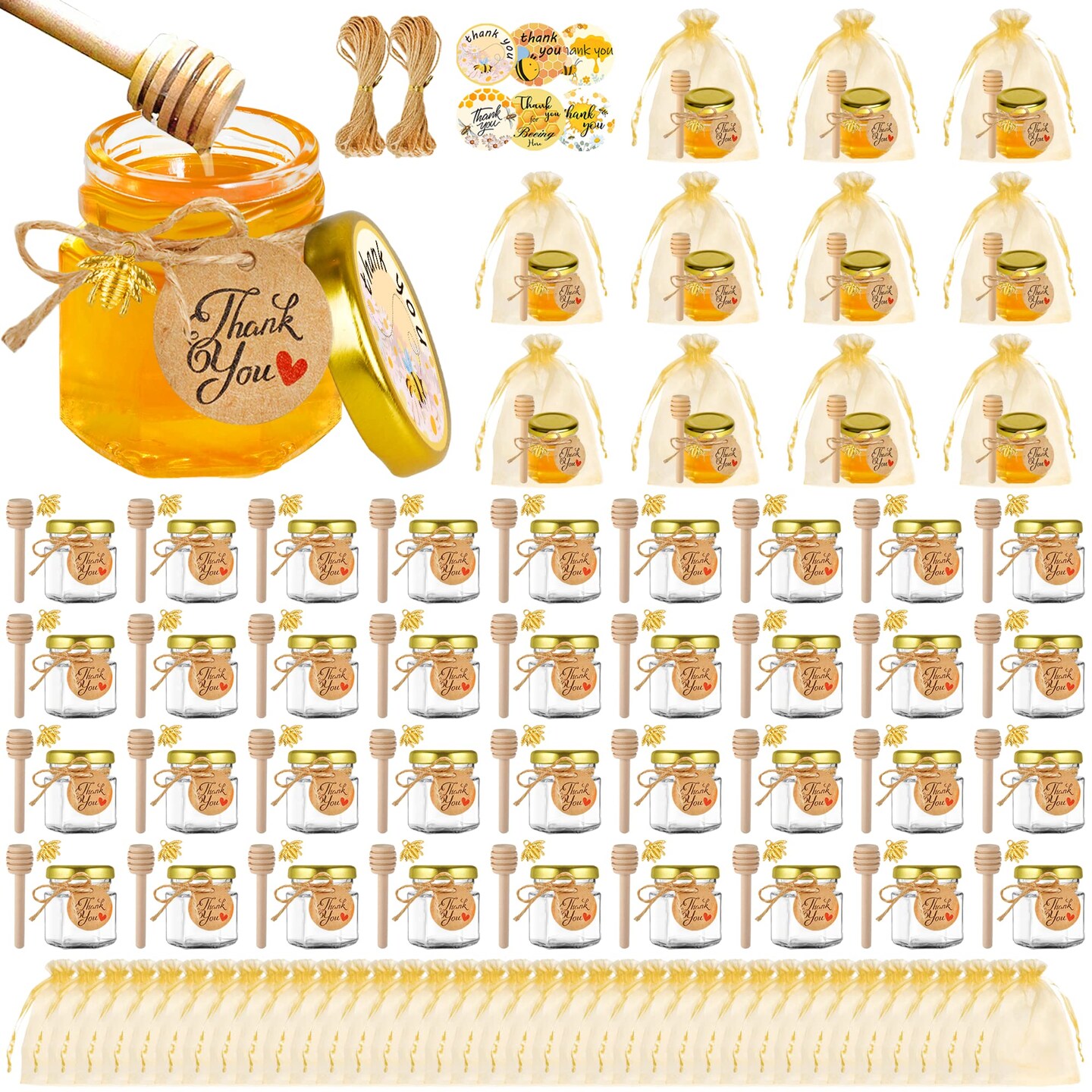 Mini Honey jars-1.5oz,48 pcs Hexagon honey jars with dipper,gold cover,bee pendant,Gold Gift ...