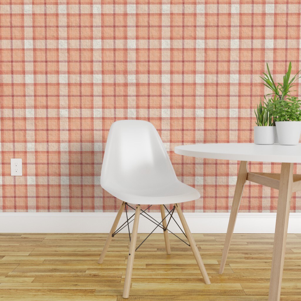 Peel & Stick Wallpaper 2FT Wide Peach Plaid Stripes Classic Rustic Traditional Graphic Lines ...