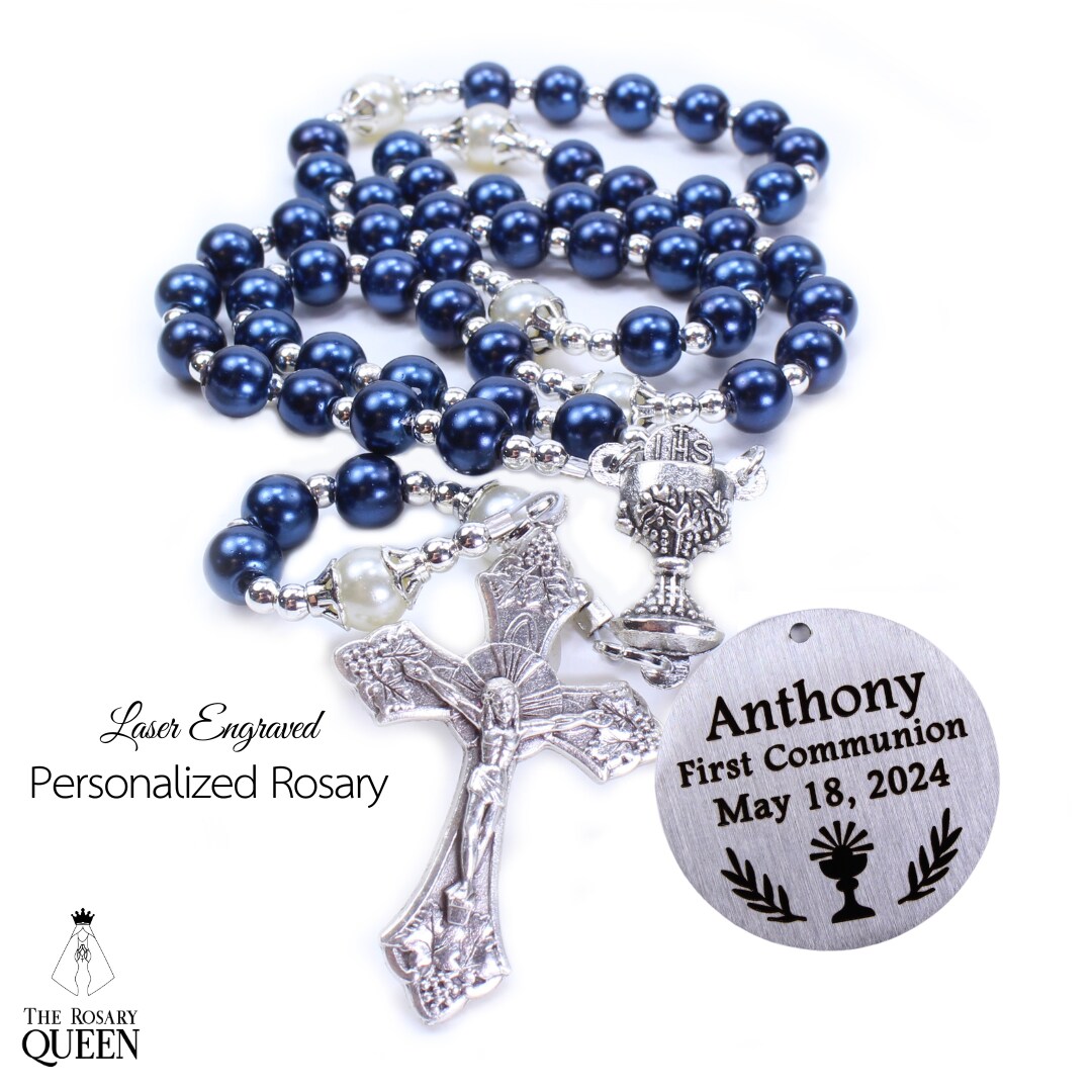 First Communion Rosary Navy Blue Glass Pearls Laser Engraved First ...