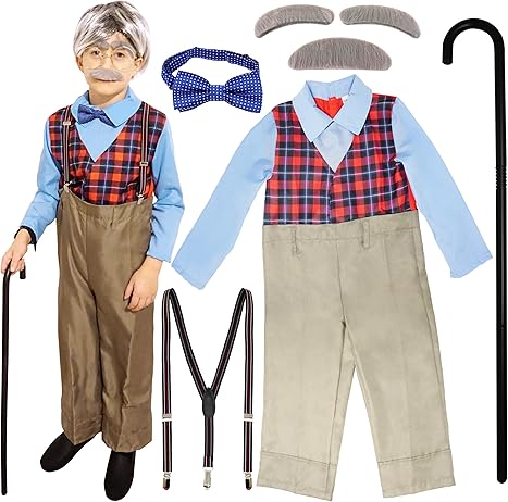 4E's Novelty Old Man Costume for Kids with Vest, Cane, 8Pcs Set, Size ...